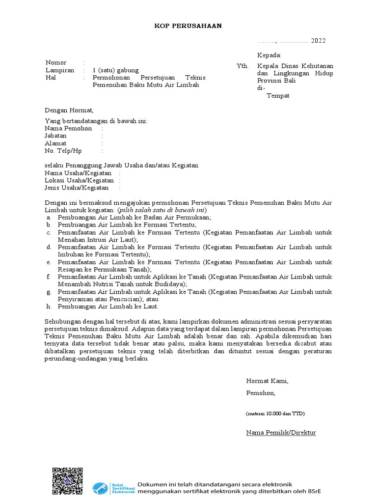 Surat Permohonan Pertek Air Limbah | PDF Surat Permohonan Pertek Air Limbah | PDF