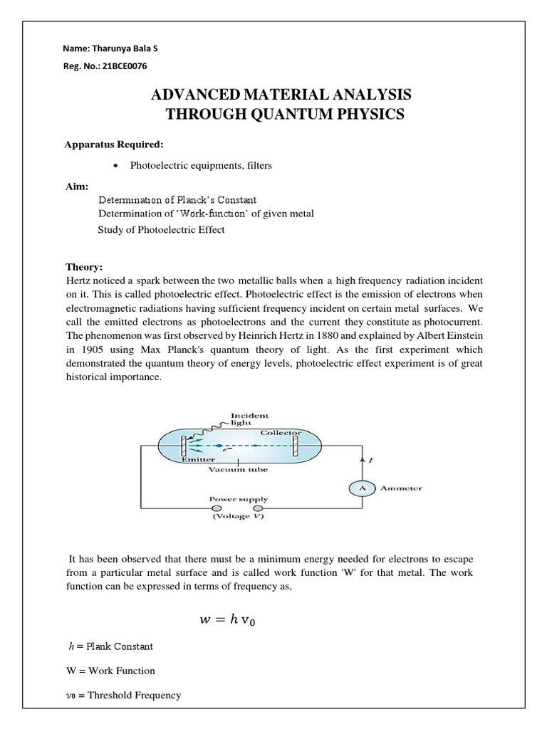 Determination of Planck's Constant and Work Function of Caesium Metal Through Photoelectric ...