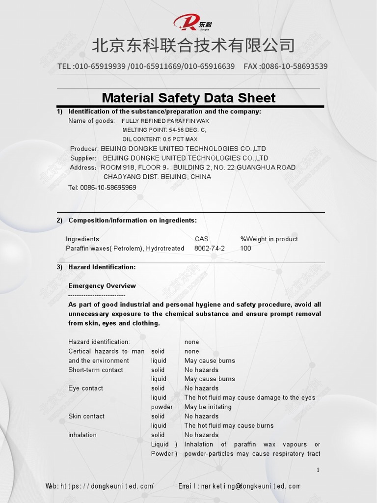 Paraffin Wax Safety Data Sheet | PDF