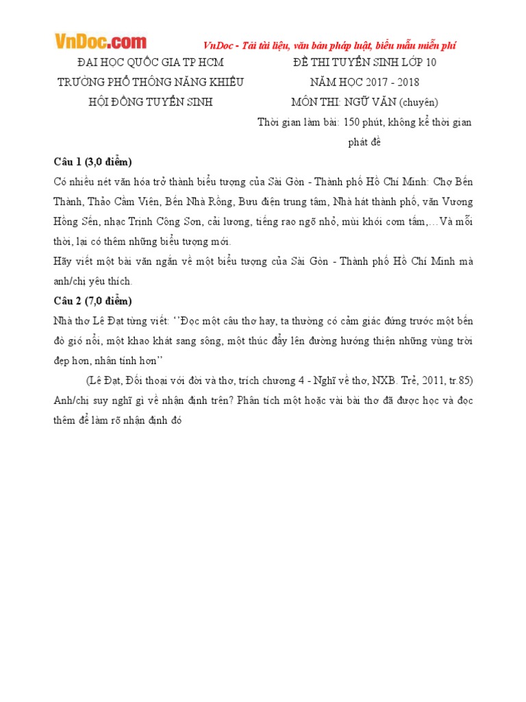 De Thi Tuyen Sinh Vao Lop 10 Mon Ngu Van Truong THPT Nang Khieu Dai Hoc Quoc Gia TP HCM Nam Hoc ...