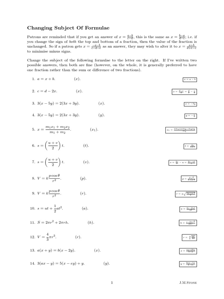 Changing Subject of Formulae | PDF | Mathematics | Elementary Mathematics