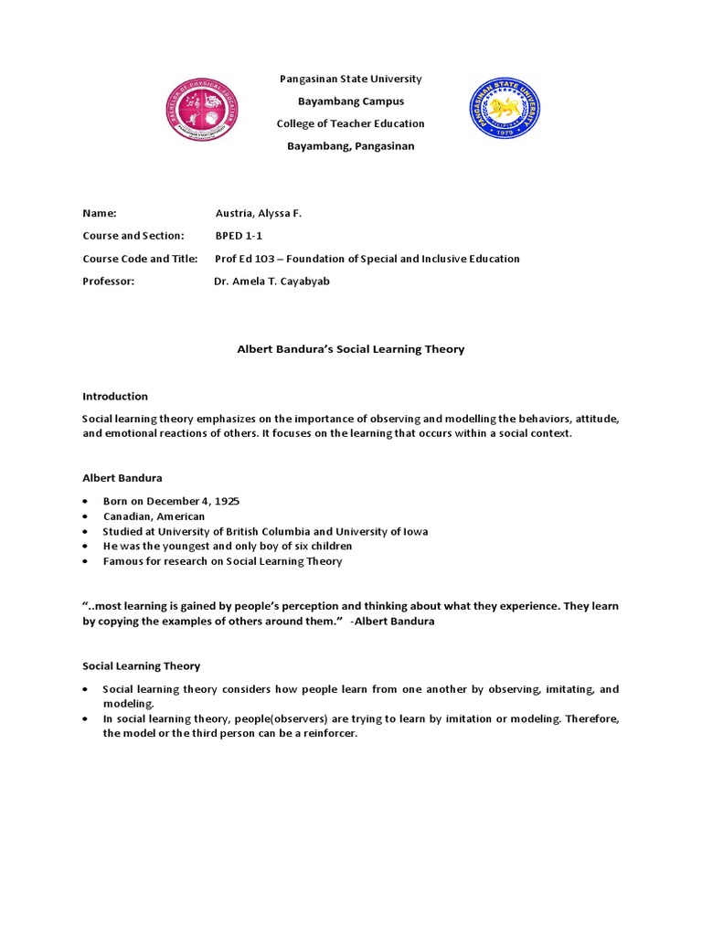 Albert Banduras Social Learning Theory | PDF | Learning Theory ...