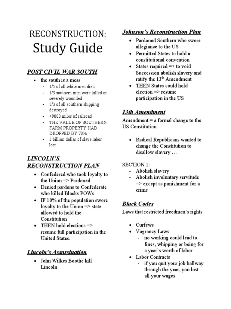 RECONSTRUCTION Study Guide | PDF | Reconstruction Era | Thirteenth ...