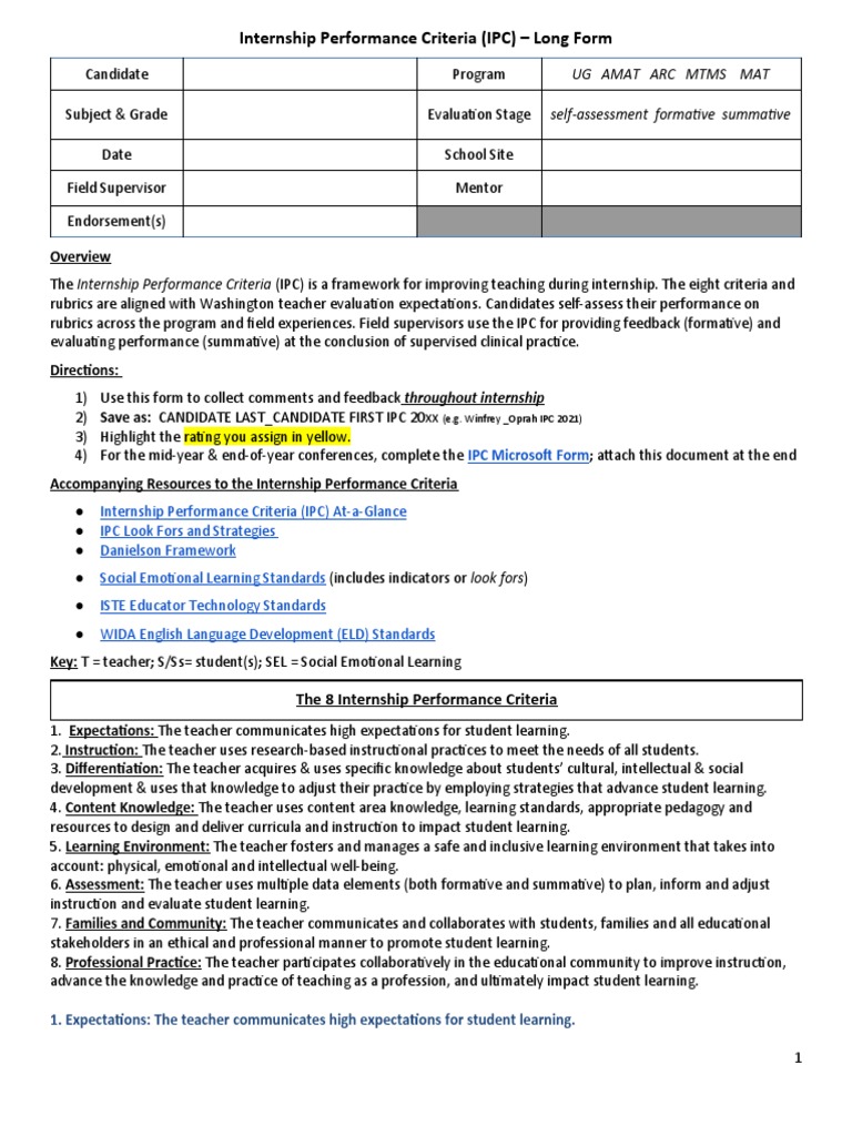 Internship Performance Criteria (IPC) - Long Form: Ug Amat Arc Mtms Mat ...