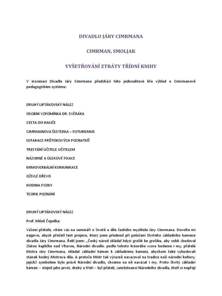 Divadlo Járy Cimrmana Cimrman, Smoljak Vyšetřování Ztráty Třídní Knihy ...