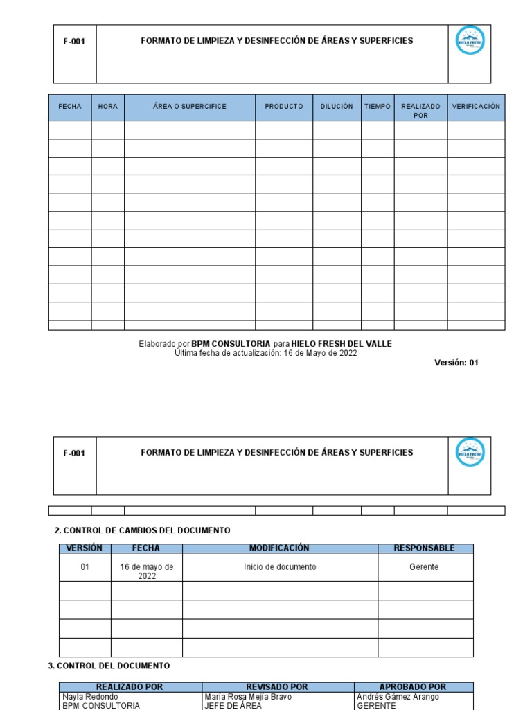 F-001. Formato de Limpieza y Desinfección de Areas y Superficies | PDF