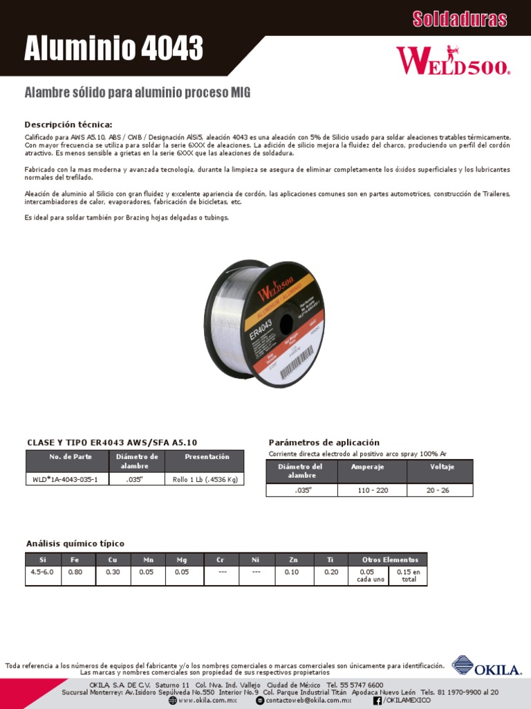 Aluminio Micro Alambre ER4043 Weld500 | PDF | Construcción | Soldadura