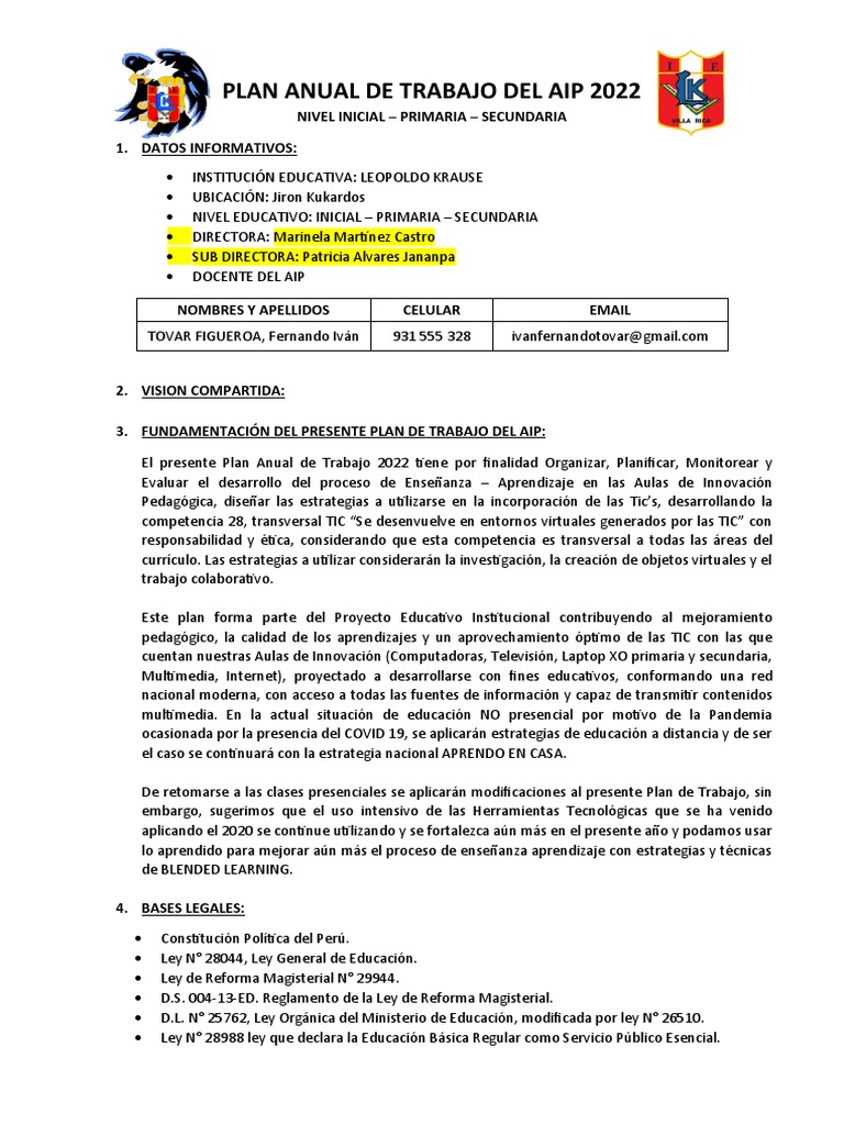 Plan Anual de Trabajo Del Aip 2022 | PDF | Enseñando | Tecnología de ...