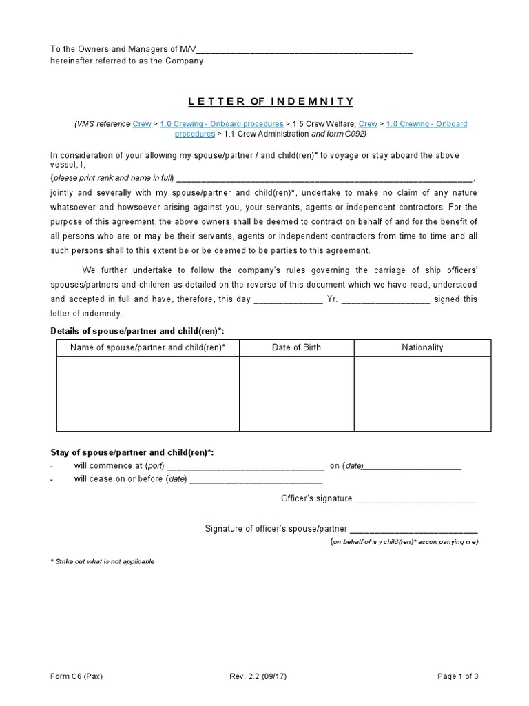 c006 Letter of Indemnity | PDF | Travel Visa | Insurance