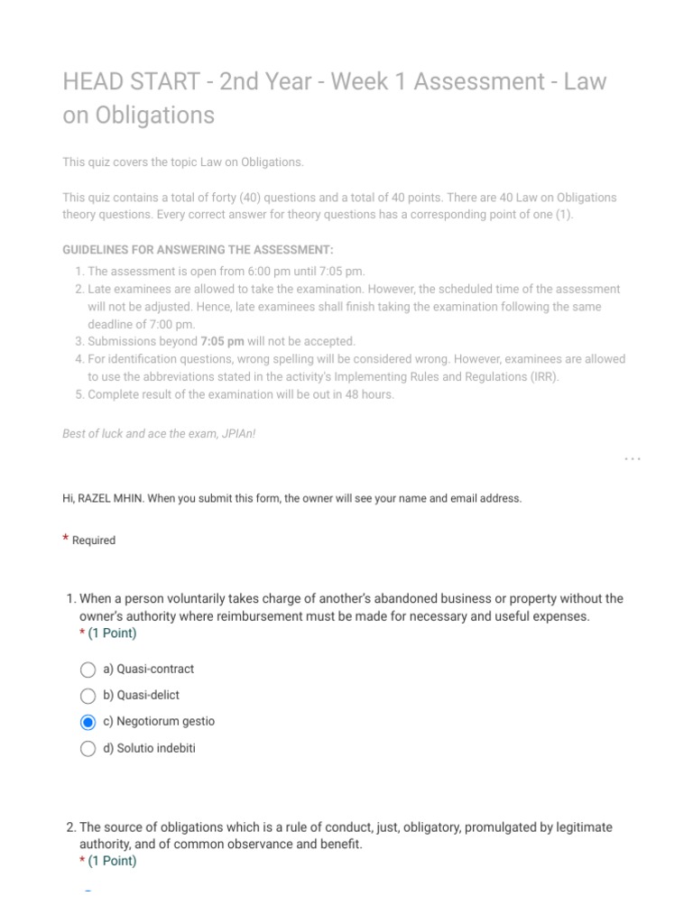 HEAD START - 2nd Year - Week 1 Assessment - Law On Obligations | PDF ...