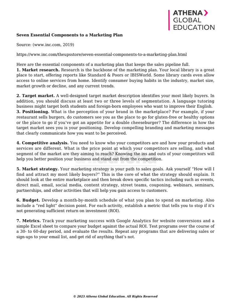 Seven Essential Components To A Marketting Plan Download Free Pdf