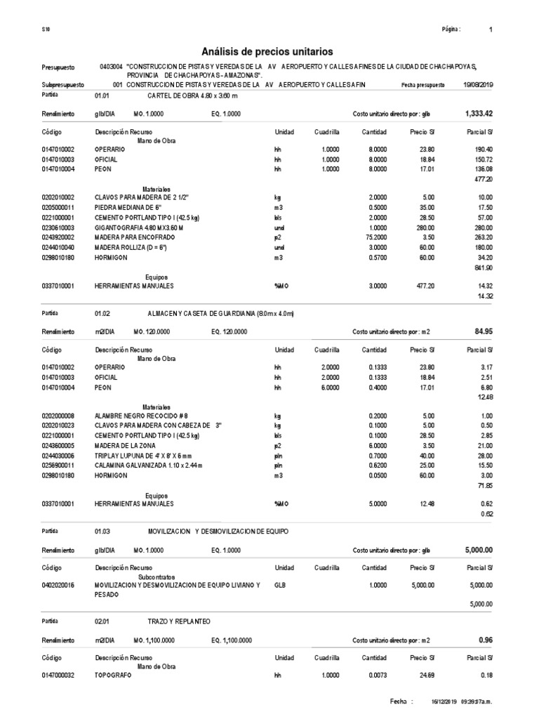 Análisis de Precios Unitarios: Página | PDF