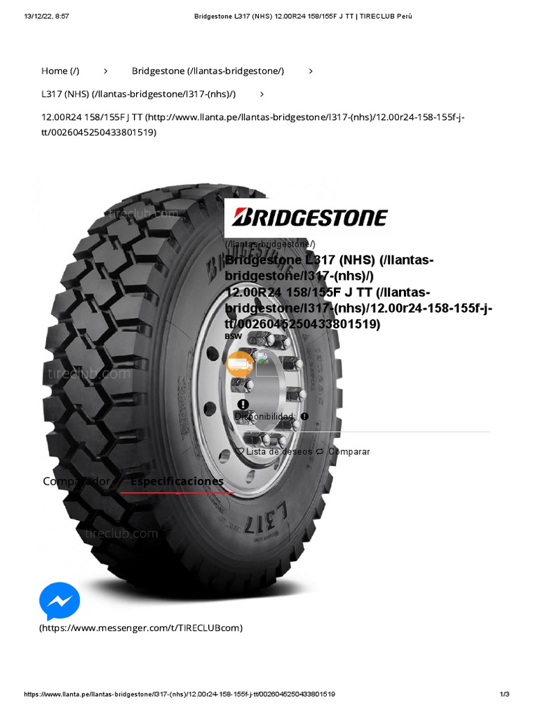 Bridgestone L317 (NHS) 12.00R24 158 - 155F J TT - TIRECLUB Perú | PDF ...
