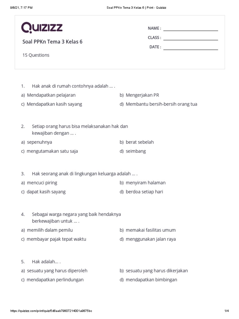 Soal PPKn Tema 3 Kelas 6 _ Print - Quizizz | PDF