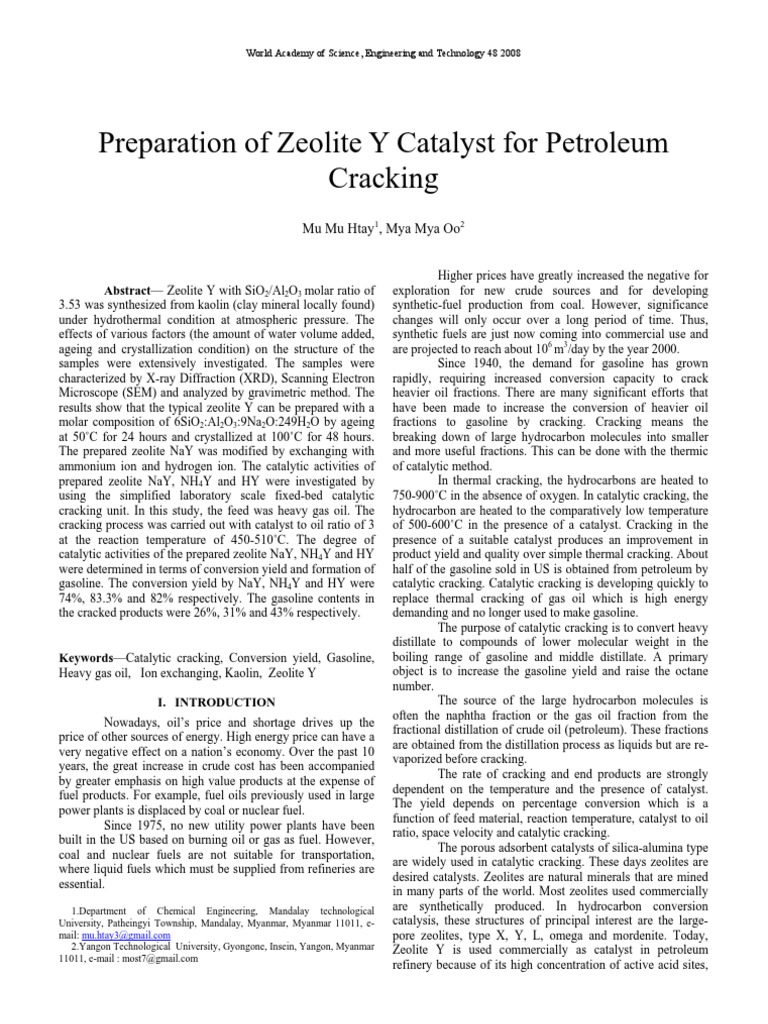 Preparation of Zeolite Y Catalyst For Petroleum Cracking | PDF ...