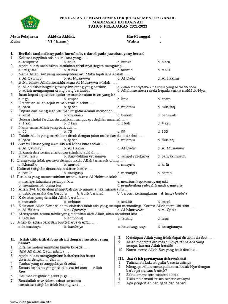 Soal PTS Aqidah KLS 6 SMT 1 | PDF