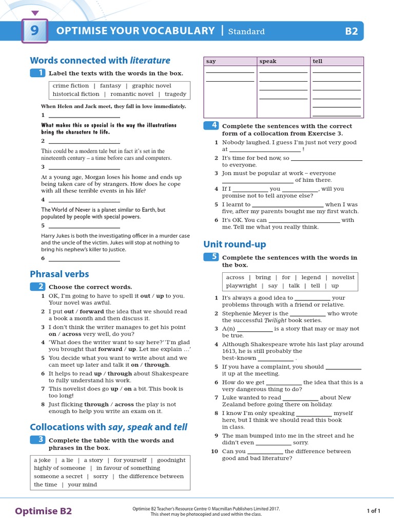 Optimise Your Vocabulary - B2: Words Connected With Literature | PDF