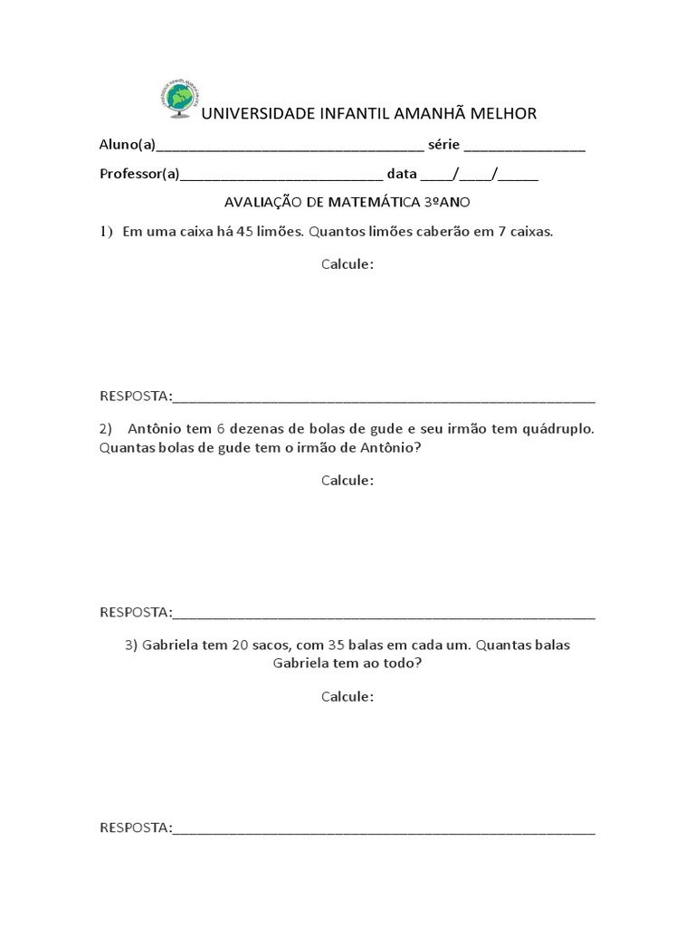 Avaliação Matemática 3º Ano | PDF