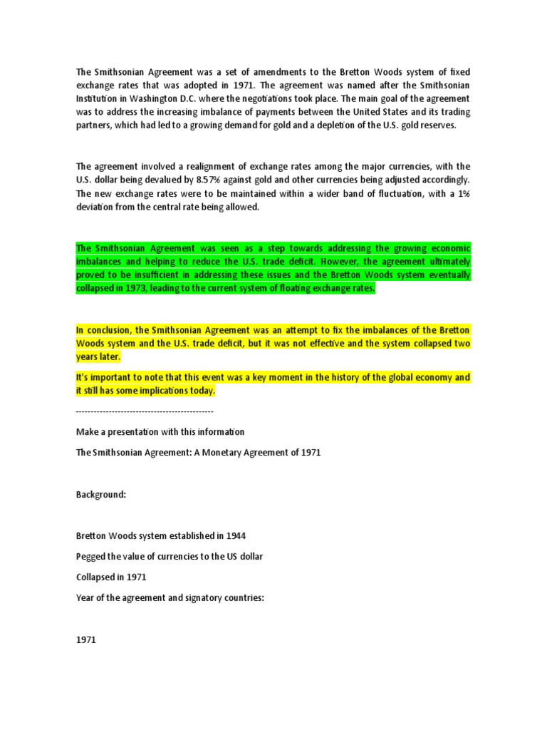 The Smithsonian Agreement Vigency | PDF | Bretton Woods System ...
