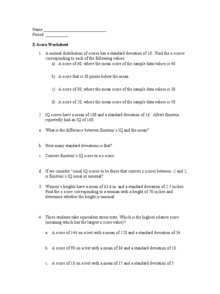Z-Score Worksheet | PDF | Standard Score | Standard Deviation