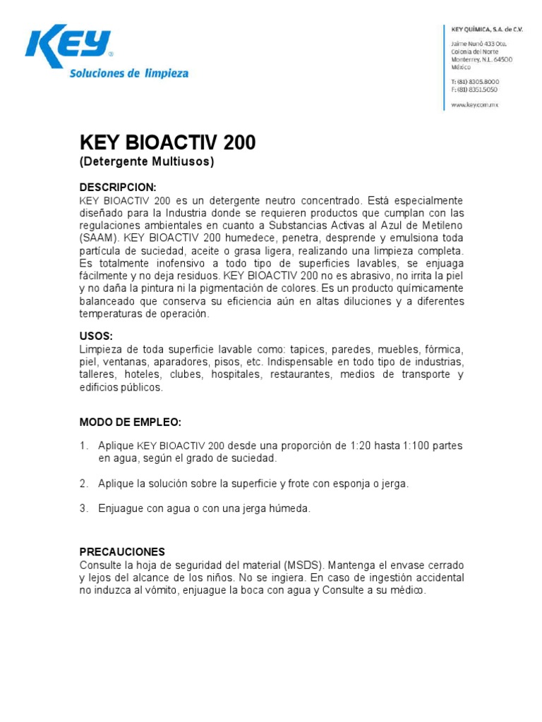 Detergente Neutro KEY BIOACTIV 200 | PDF
