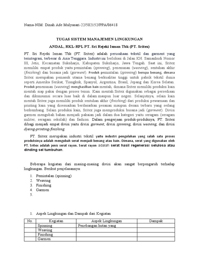 Tugas Sistem Manajemen Lingkungan ANDAL, RKL-RPL PT. Sri Rejeki Isman ...