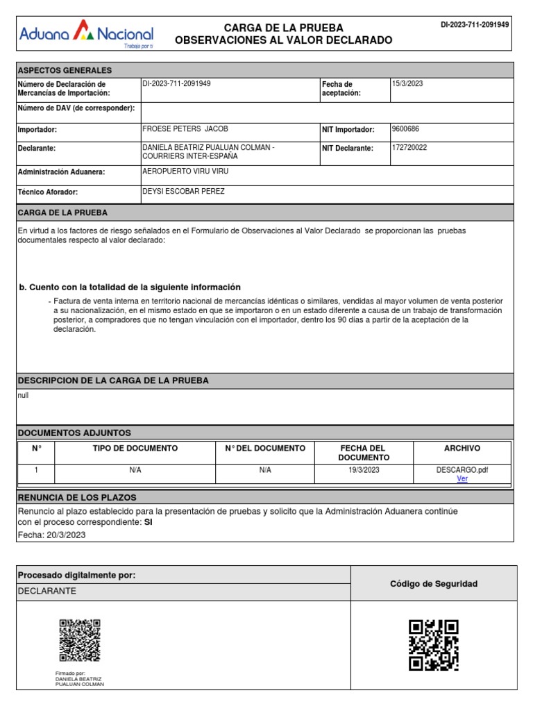 Carga de La Prueba Observaciones Al Valor Declarado: Aspectos Generales ...
