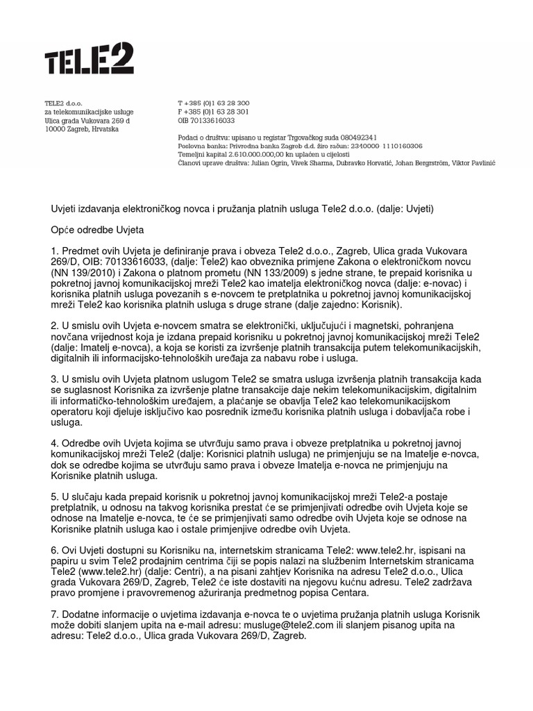 Uvjeti Izdavanja Elektronickog Novca I Pruzanja Platnih Usluga Tele2 | PDF