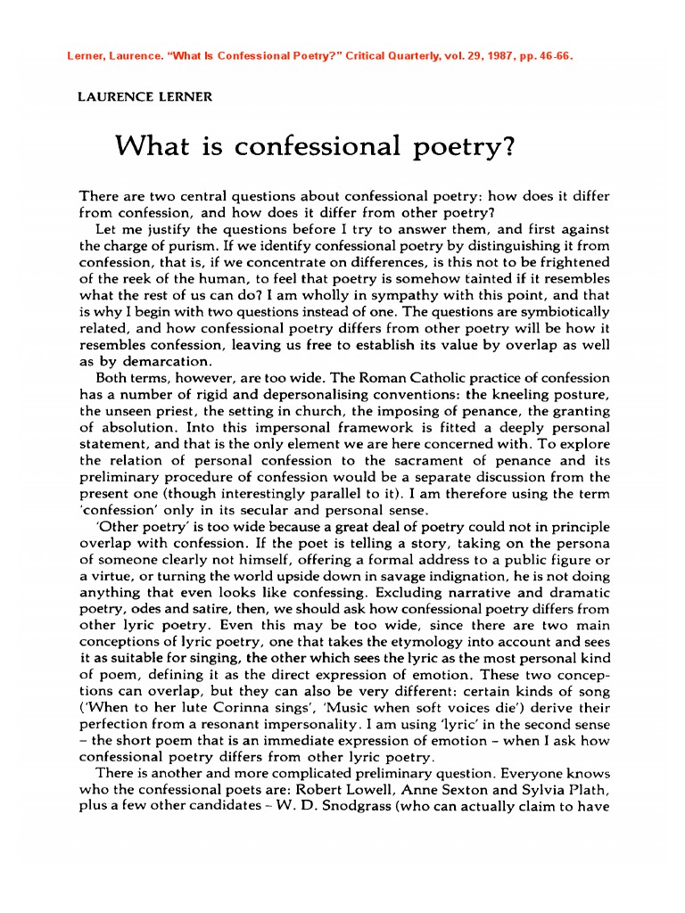 Lawrence Lerner: What Is Confessional Poetry | PDF | Classics