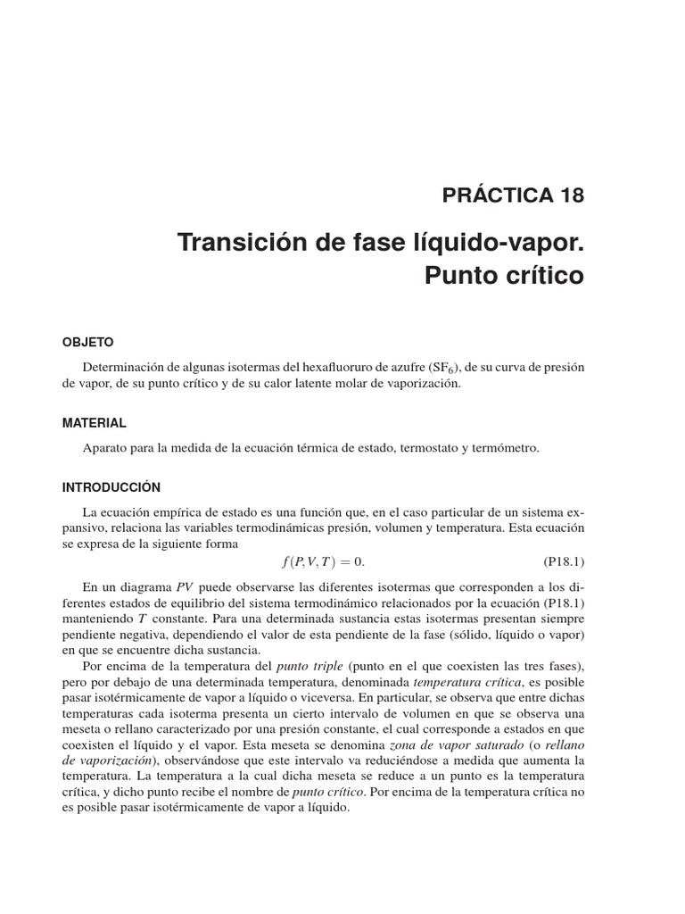 Transición de Fase Líquido-Vapor. Punto Crítico: Práctica 18 | PDF ...