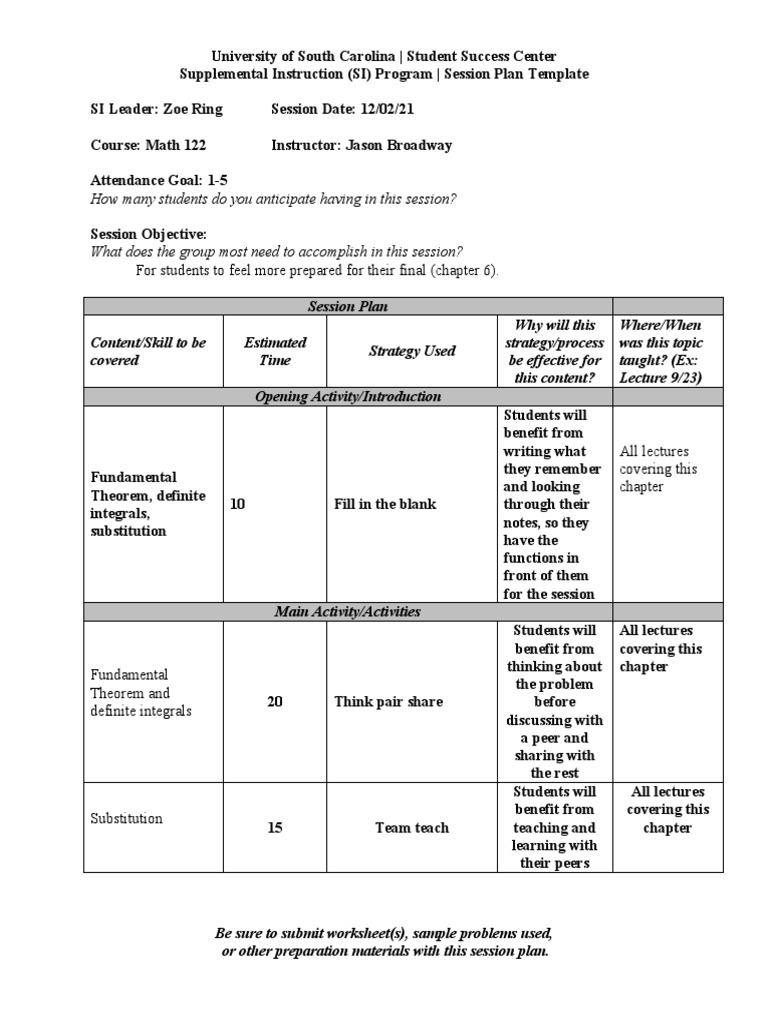 SI Session Plan for Math 122 | PDF | Worksheet | Communication