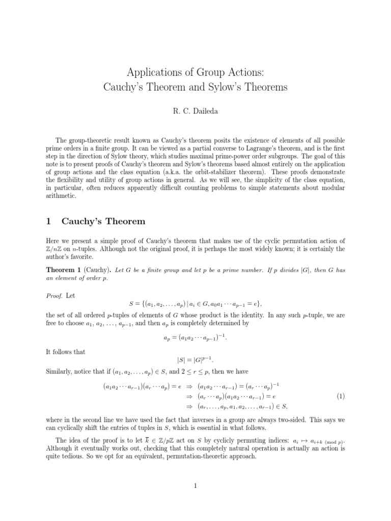 Cauchy's Theorem and Sylow's Theorems via Group Actions | PDF | Group (Mathematics ...