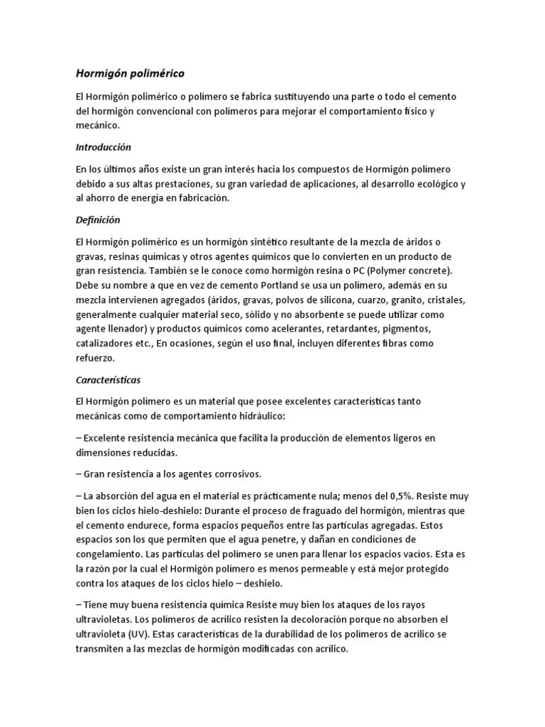 Hormigón Polimérico: Ventajas y Aplicaciones | PDF | Hormigón | Cemento