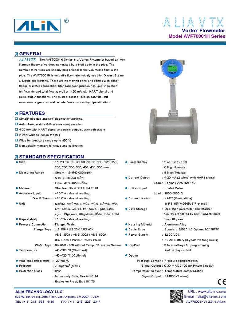 ALIA AVF 7000 Data Sheet | PDF | Flow Measurement | Mechanical Engineering