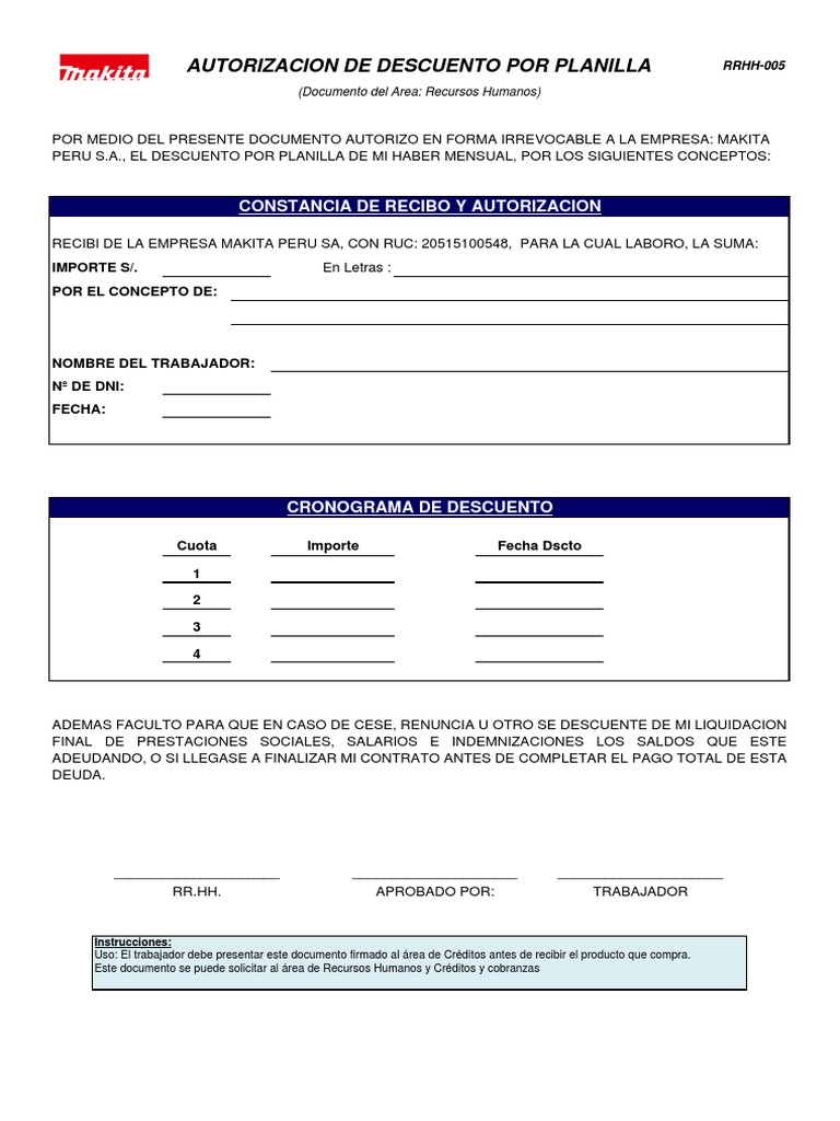 Autorizacion de Descuento Por Planilla | PDF