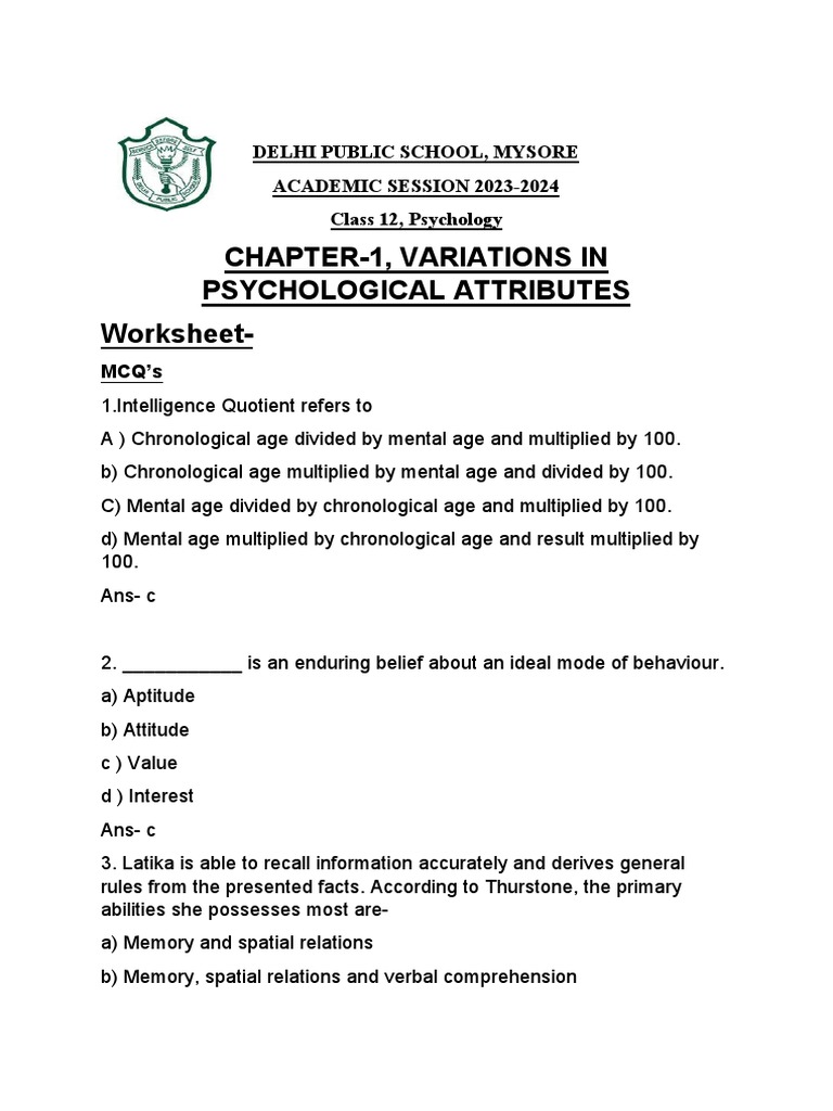 ch-1, Class 12 Worksheet | PDF | Intelligence | Intellectual Disability