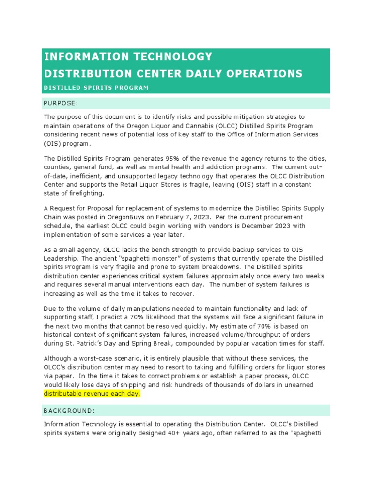 OLCC Distilled Spirits IT Operations Risks | PDF | Inventory | Supply Chain
