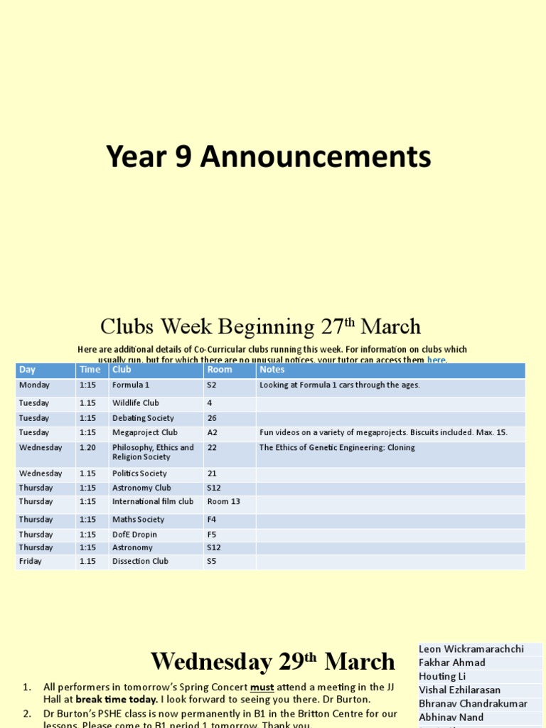 Year 9 Announcements | Download Free PDF | Entertainment | Musicians