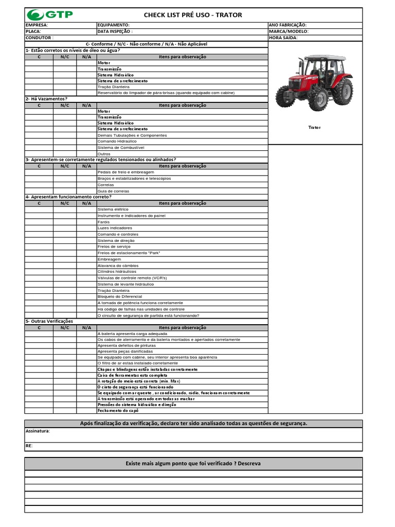 Checklist Trato | Download grátis PDF | Motores | Trator