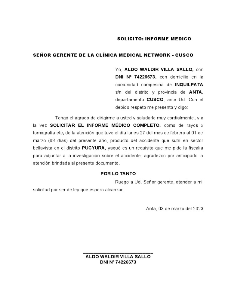 SOLICITUD DE Informe Medica | PDF