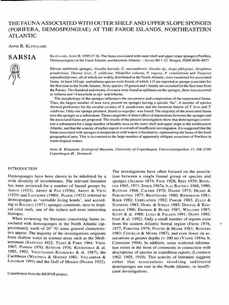The Fauna Associated With Outer Shelf and Upper Slope Sponges | PDF ...