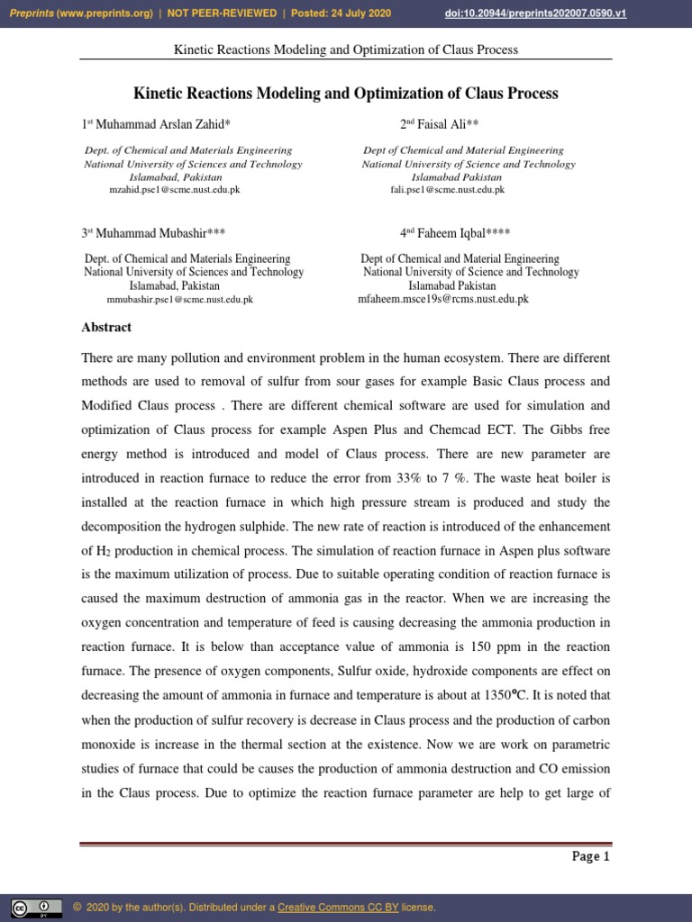 Kinetic Reactions Modeling and Optimization of Claus Process | PDF | Chemical Reactions | Catalysis