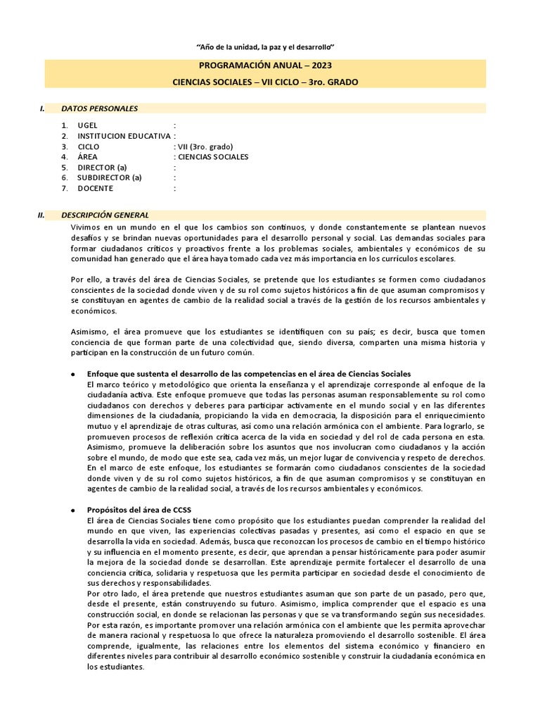 Prog. Anual CCSS VII-Ciclo 3ro. | PDF | Aprendizaje | Desarrollo sostenible