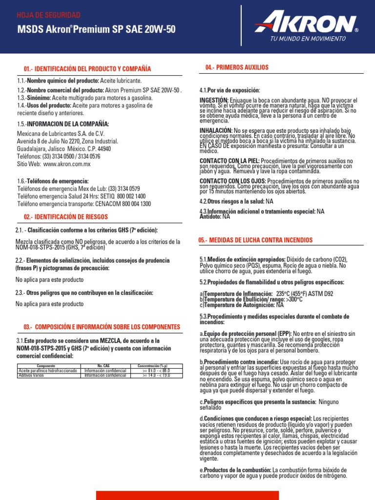 MSDS Akron AKRON Premium SP SAE 20W-50 | PDF | Agua | Naturaleza