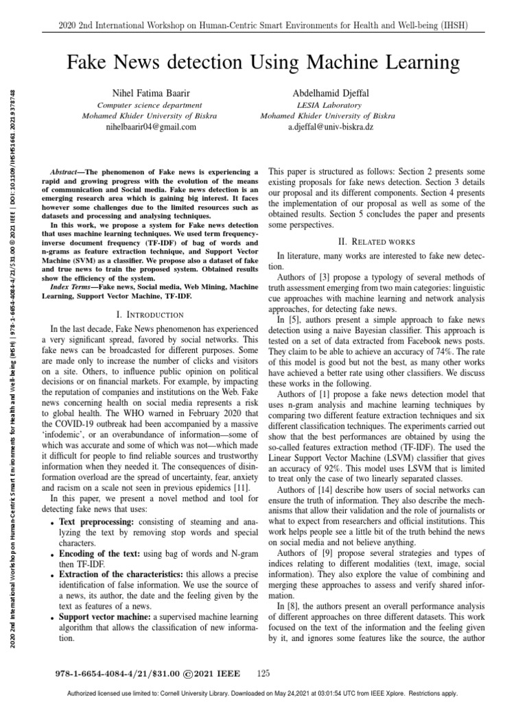 Fake News Detection Using Machine Learning: Nihel Fatima Baarir Abdelhamid Djeffal | PDF