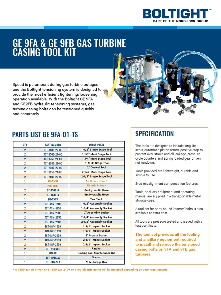 GE 9FA & GE 9FB Gas Turbine Casing Tool Kit: Parts List and ...