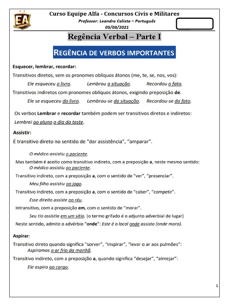 Regencia Verbal - Revisão - Parte I - 2019 | PDF