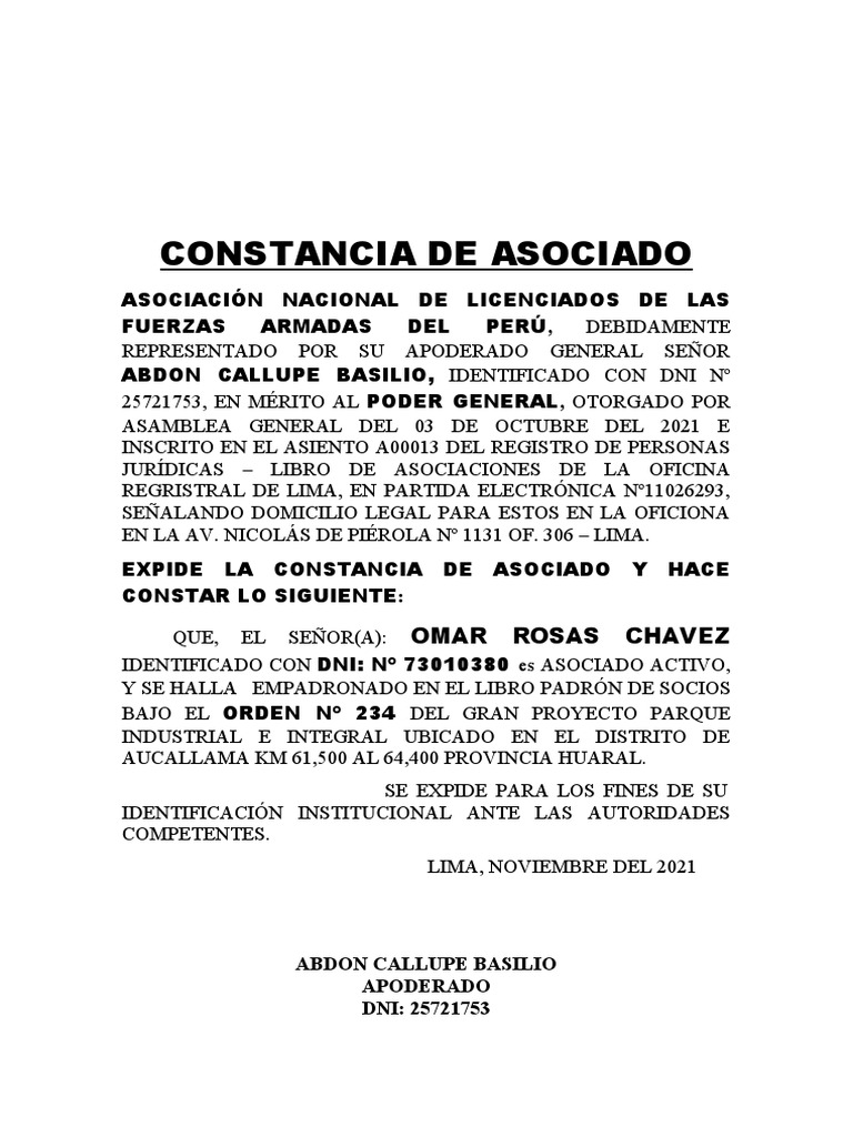 Constancia de Asociado | PDF | Derecho