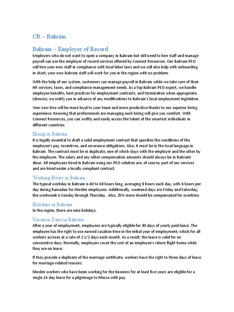 CR - Bahrain Bahrain - Employer of Record | PDF | Employment | Sick Leave