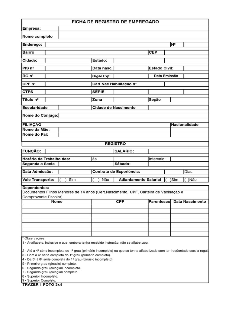 Ficha de Registro de Empregado Completa | PDF